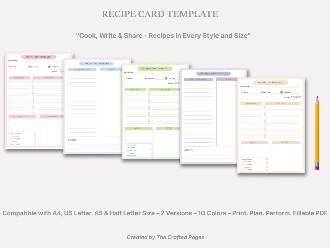 Printable Recipe Card Template: Fillable PDF, 10 Colors - 4 Sizes - 2 ...