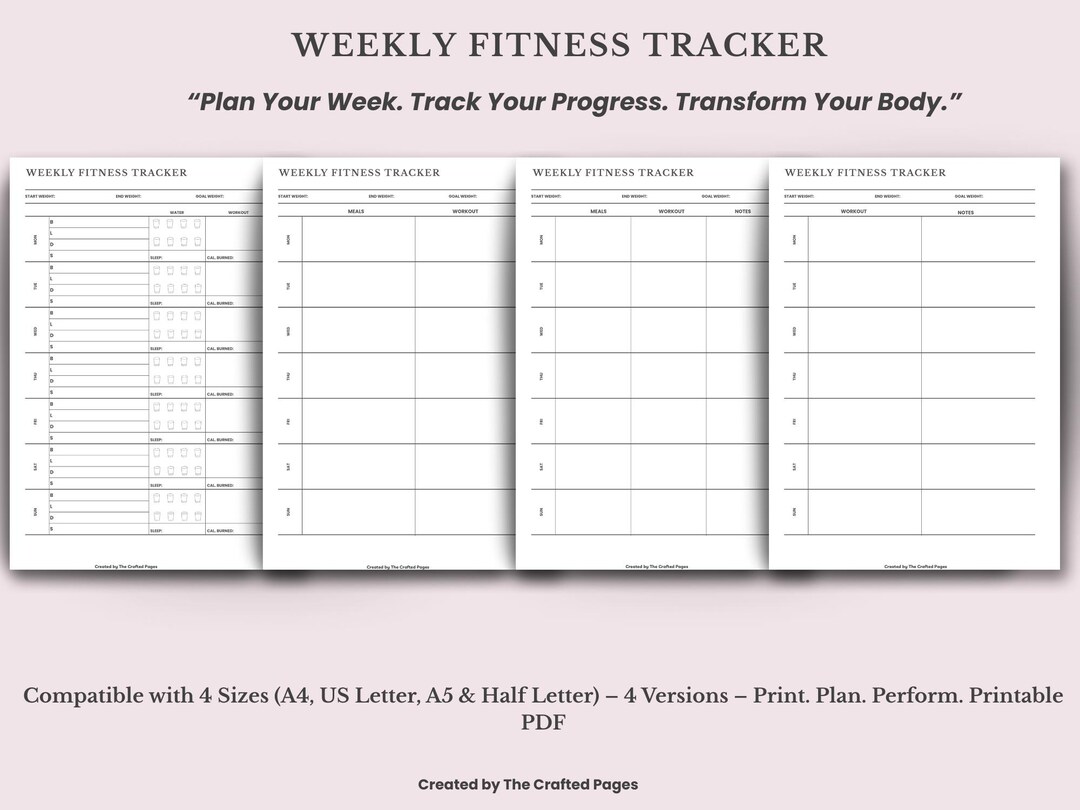 Weekly Fitness Tracker | Printable PDF | 4 Sizes, 4 Versions - Etsy