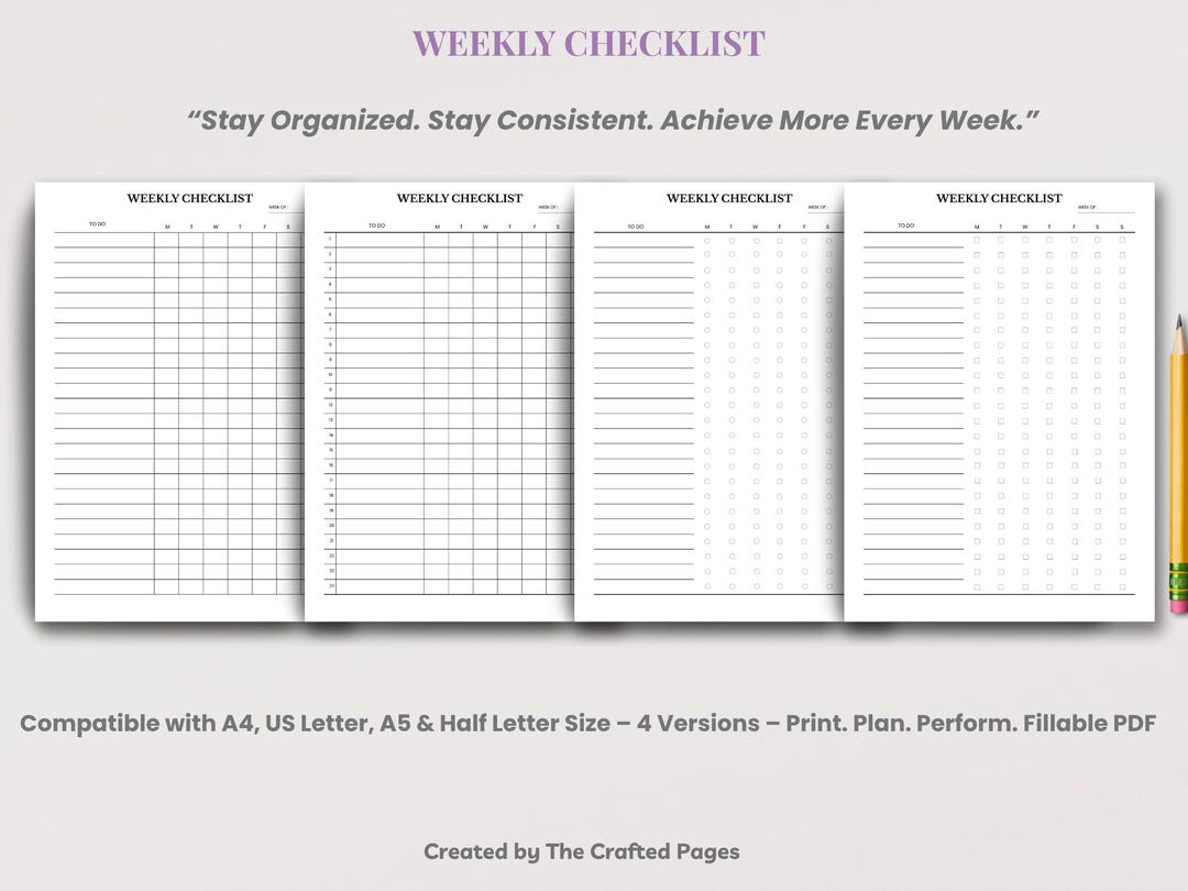 Weekly Checklist – 4 Versions – to Do List & Task Tracker – Printable ...