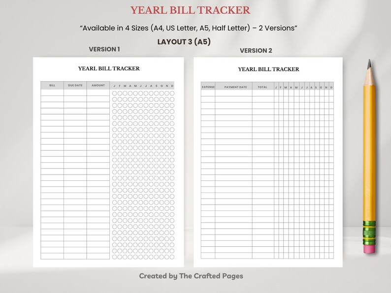 Yearly Bill Tracker: Printable Finance Planner-4 Sizes (A4, US Letter ...