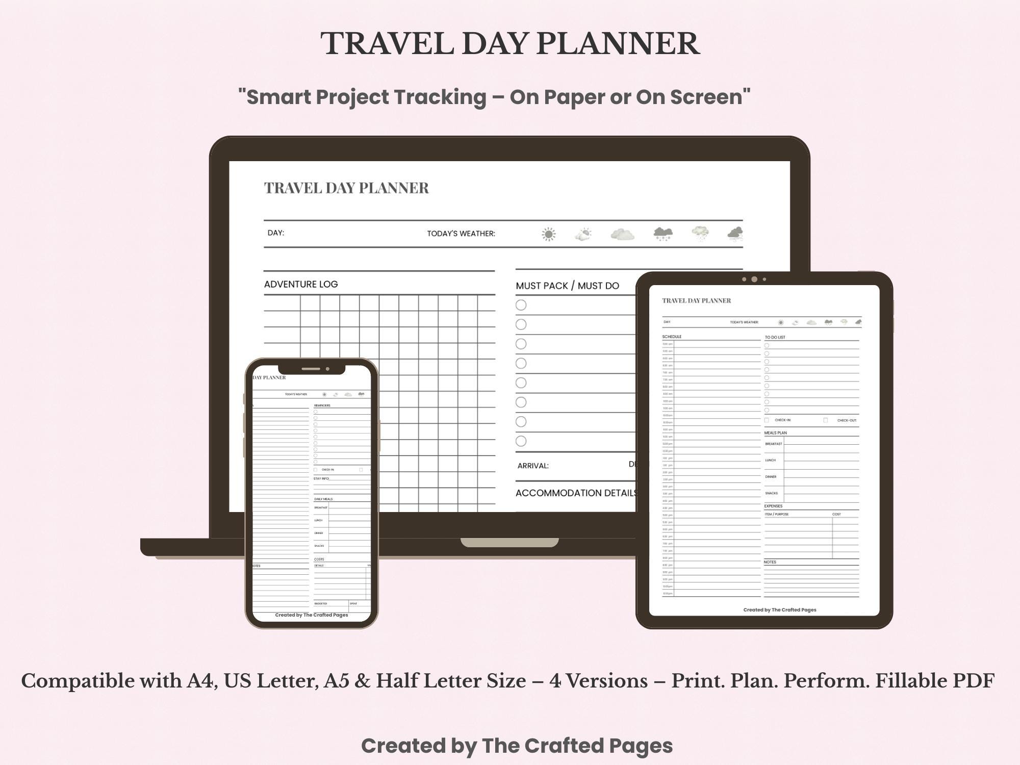 Travel Day Planner Printable | Fillable PDF-4 Sizes- 4 Versions - Etsy