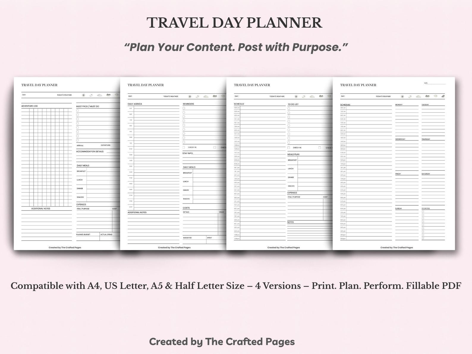 Travel Day Planner Printable | Fillable PDF-4 Sizes- 4 Versions - Etsy