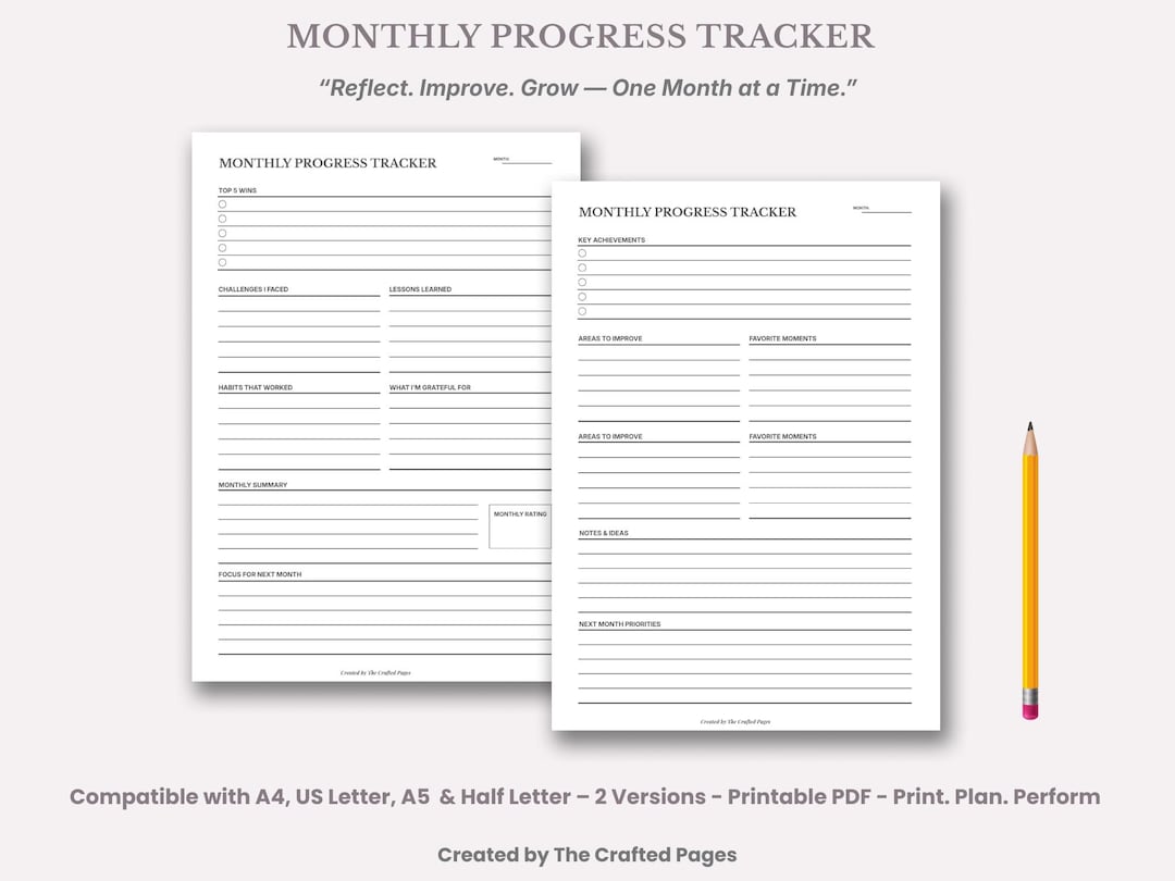Monthly Progress Tracker – Printable Planner – 2 Pages – 4 Sizes - Etsy