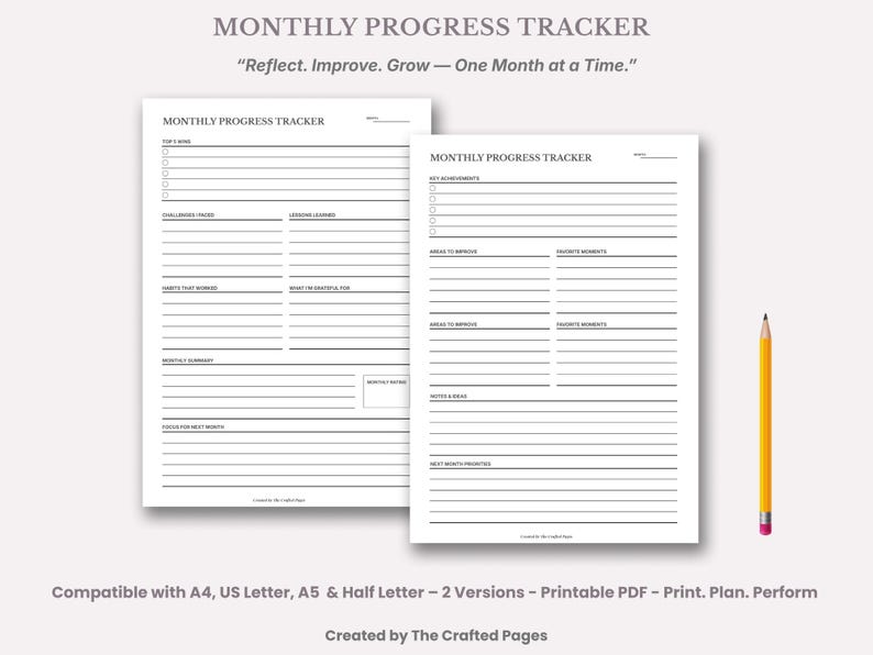 Monthly Progress Tracker – Printable Planner – 2 Pages – 4 Sizes - Etsy
