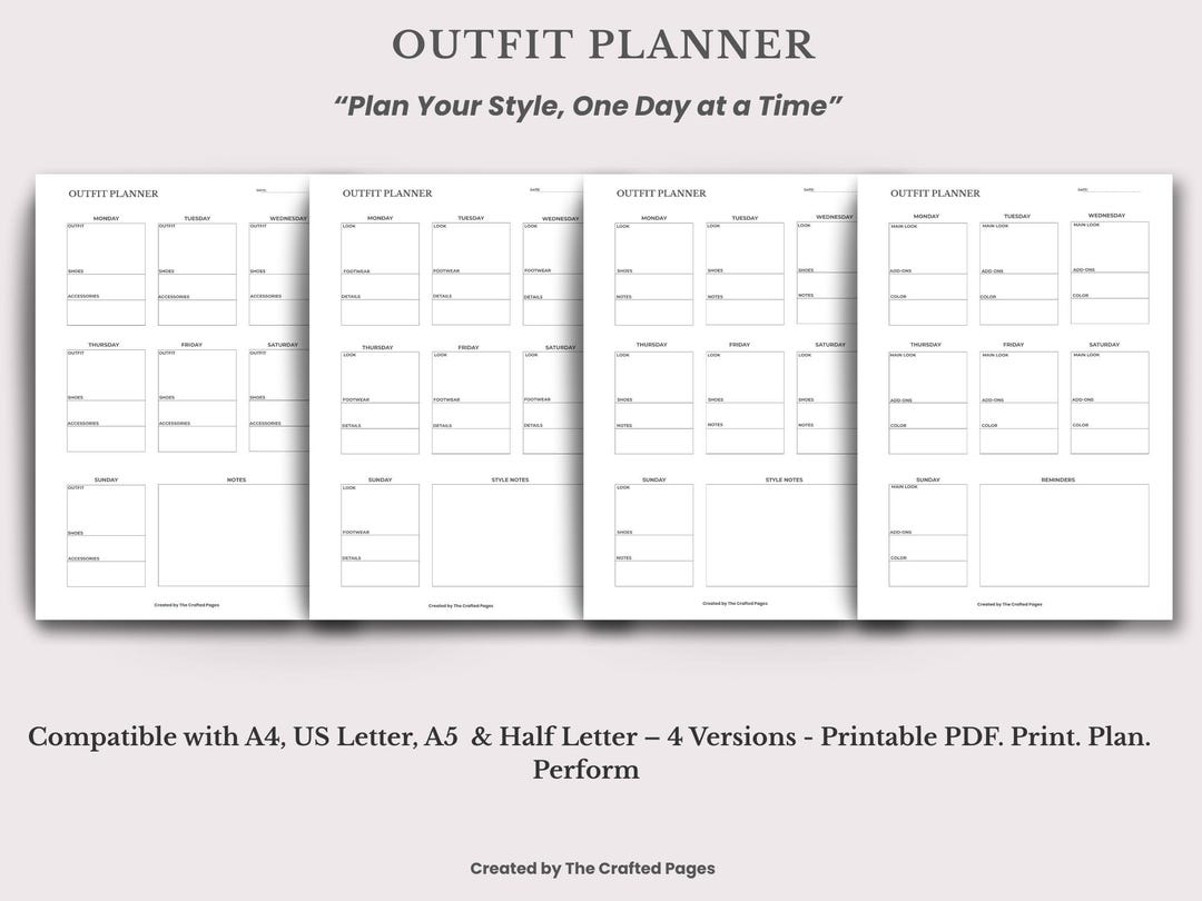 Outfit Planner Printable PDF, Weekly Style Planner–4 Sizes–4 Versions ...