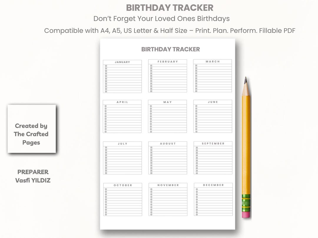 Birthday Tracker Printable: Undated Gift Reminder List (A5/A4/US Letter ...