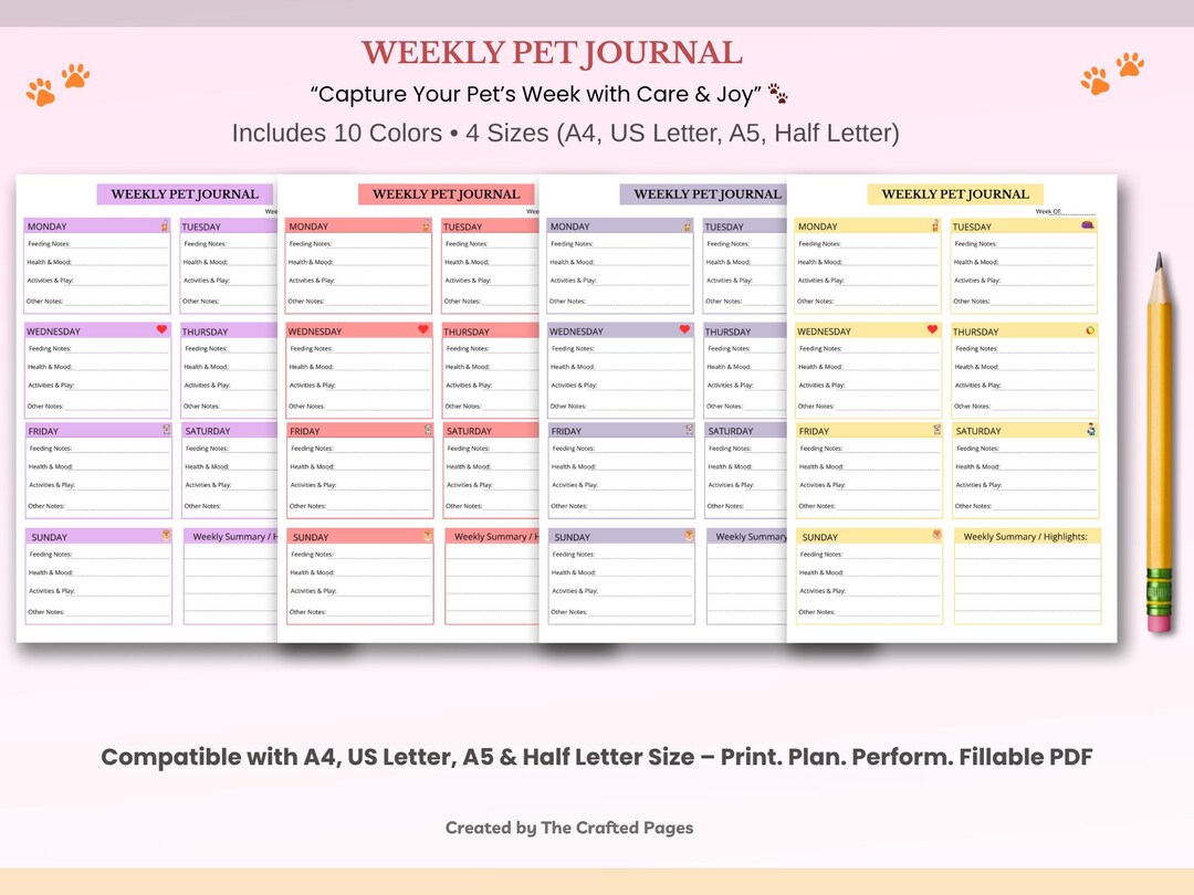 Weekly Pet Journal: Printable Tracker, Health & Care (PDF) - Etsy