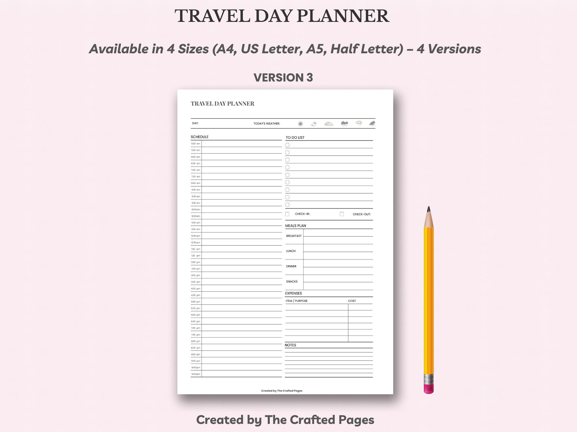 Travel Day Planner Printable | Fillable PDF-4 Sizes- 4 Versions - Etsy