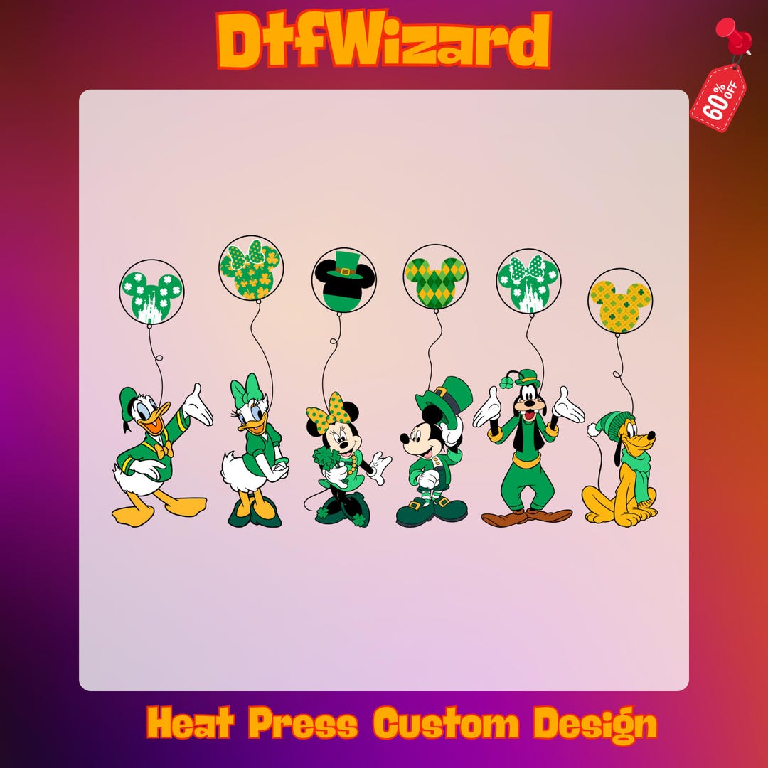 St Paddy's Day Disney Characters DTF Transfer, Disney Gang Green Clover ...