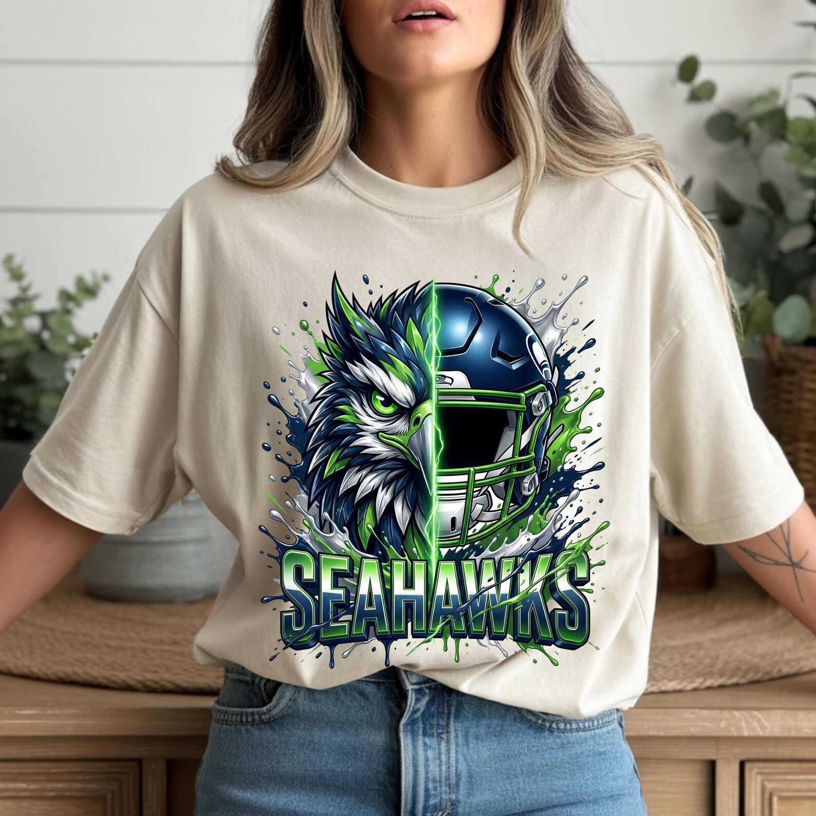 Seattle Seahawks Bird and Helmet DTF Transfer, Navy and Action Green ...