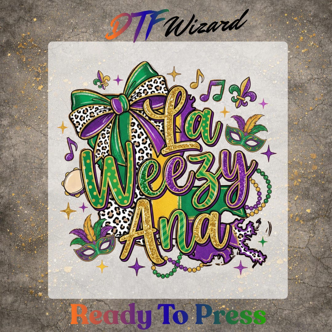 La Weezy Ana Louisiana DTF Transfer, Purple Green Gold Leopard Bow ...