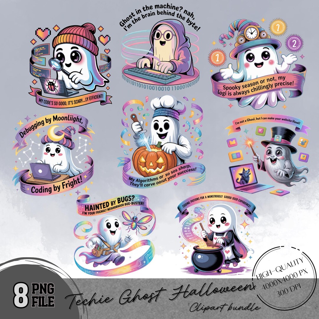 Tech Halloween Clipart Bundle, Programmer Ghost PNG Set - Etsy