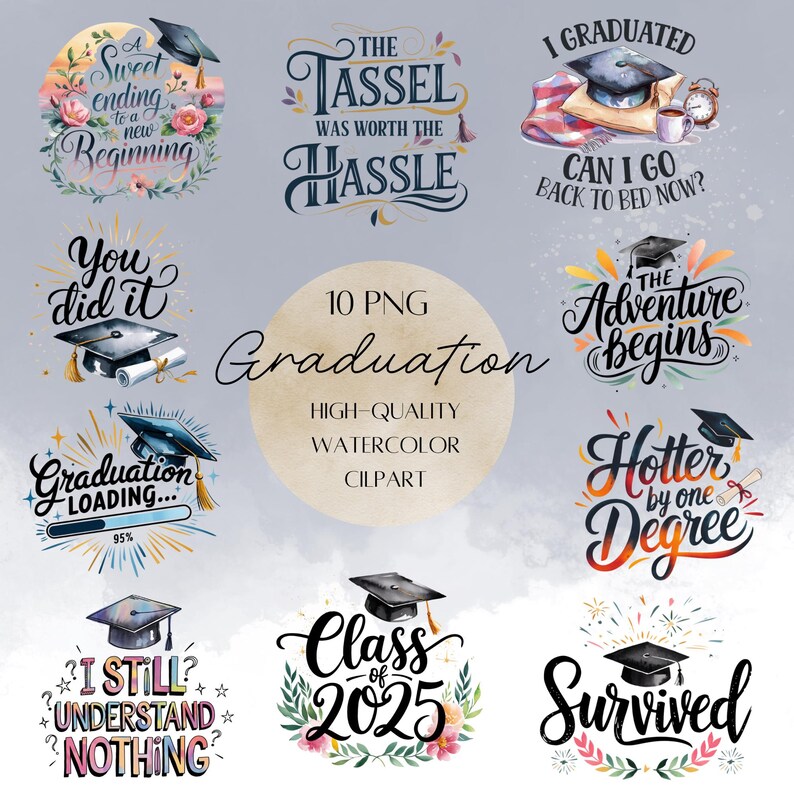 Graduation Cap Clipart Bundle | Class of 2025 PNG | Funny Watercolor ...
