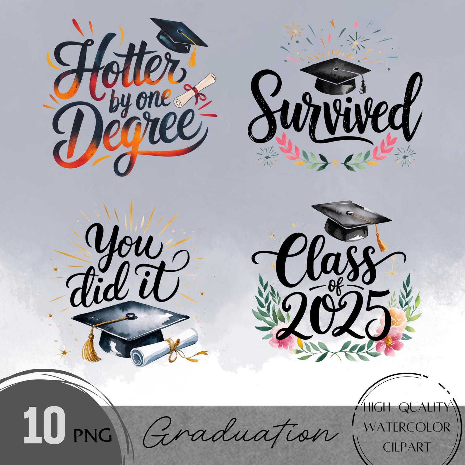 Watercolor Graduation Cap Clipart, Class of 2025 PNG Bundle - Etsy