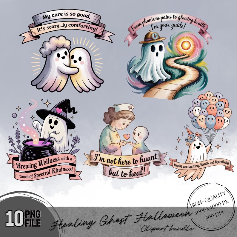 Healing Ghost Halloween Clipart Bundle PNG | Cute Nurse Ghost Funny ...