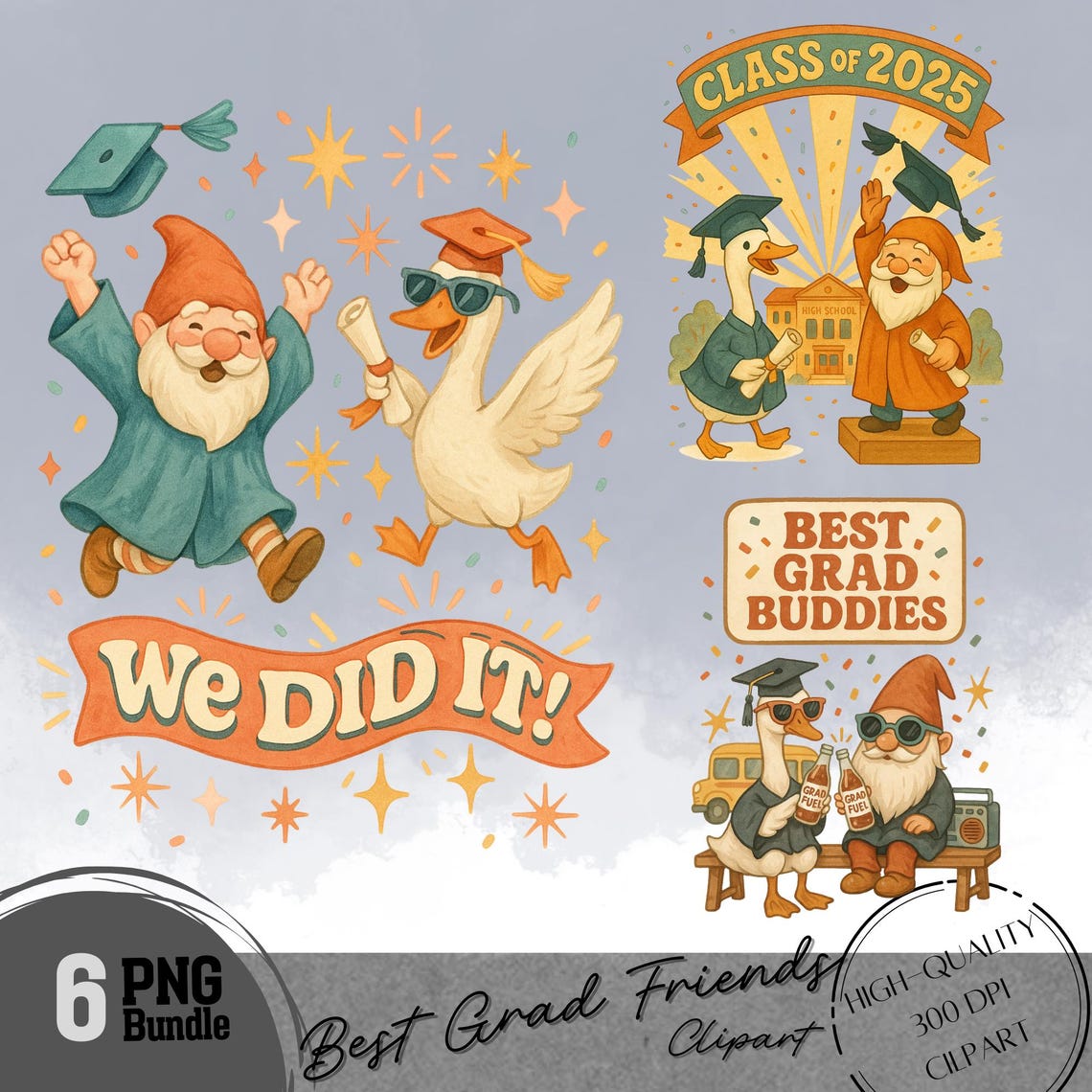 Graduation Gnome and Goose Clipart Bundle Class of 2025 | Retro Grad ...