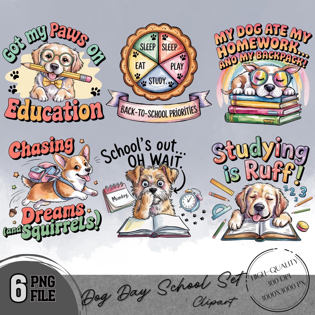 Funny Back to School Dog PNG Bundle | Cute Puppy Student Clipart for ...
