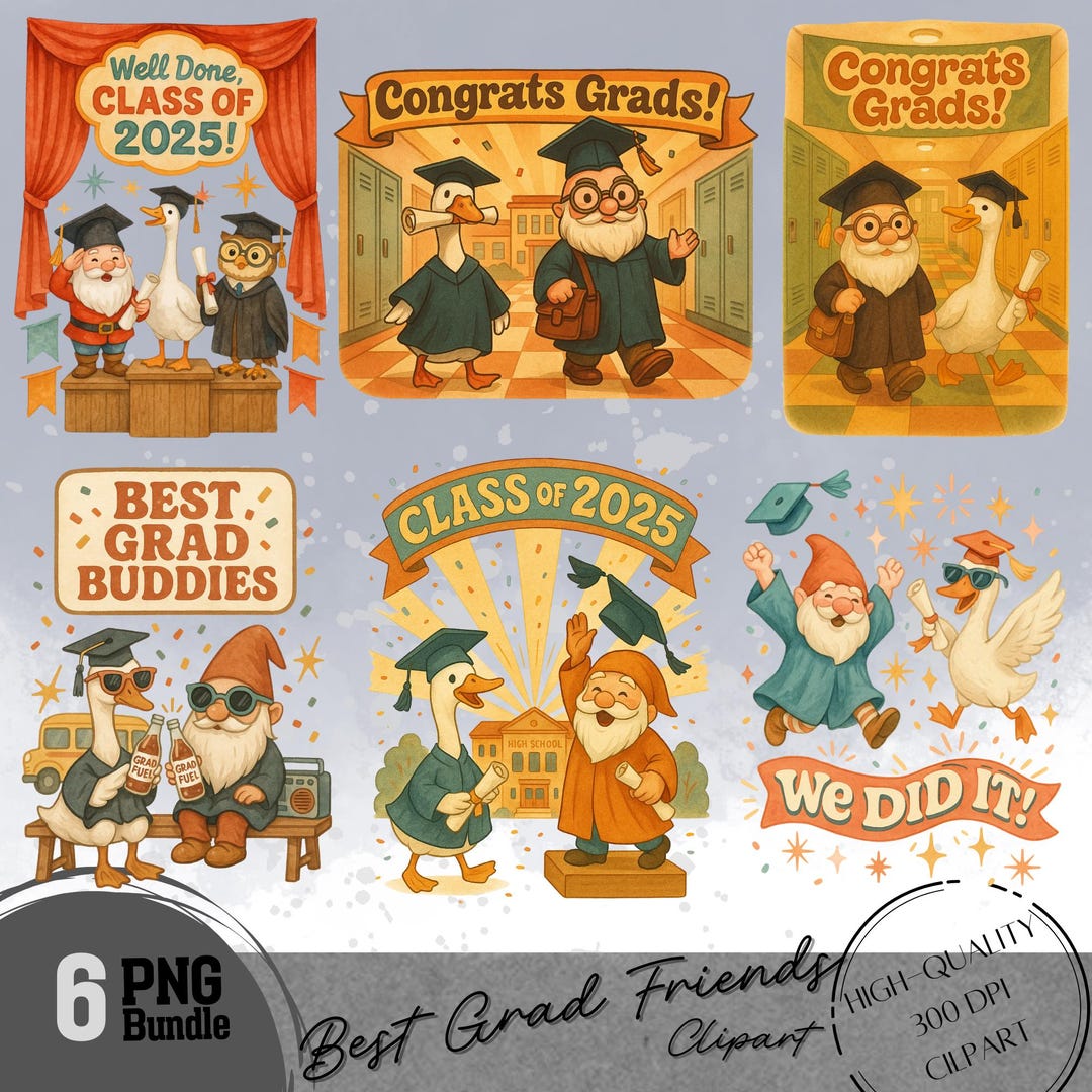 Graduation Gnome and Goose Clipart Bundle Class of 2025 | Retro Grad ...