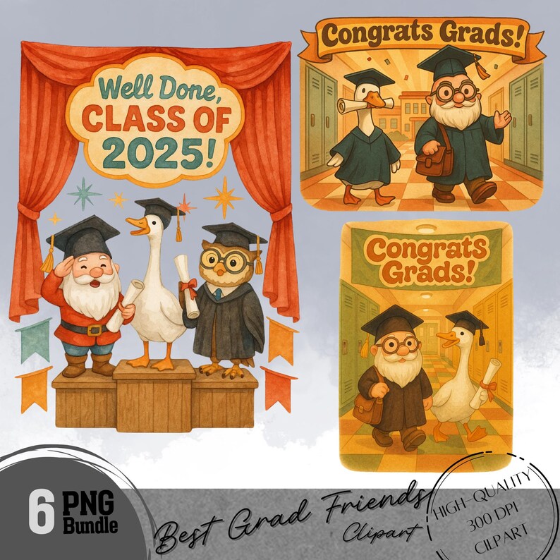 Graduation Gnome and Goose Clipart Bundle Class of 2025 | Retro Grad ...
