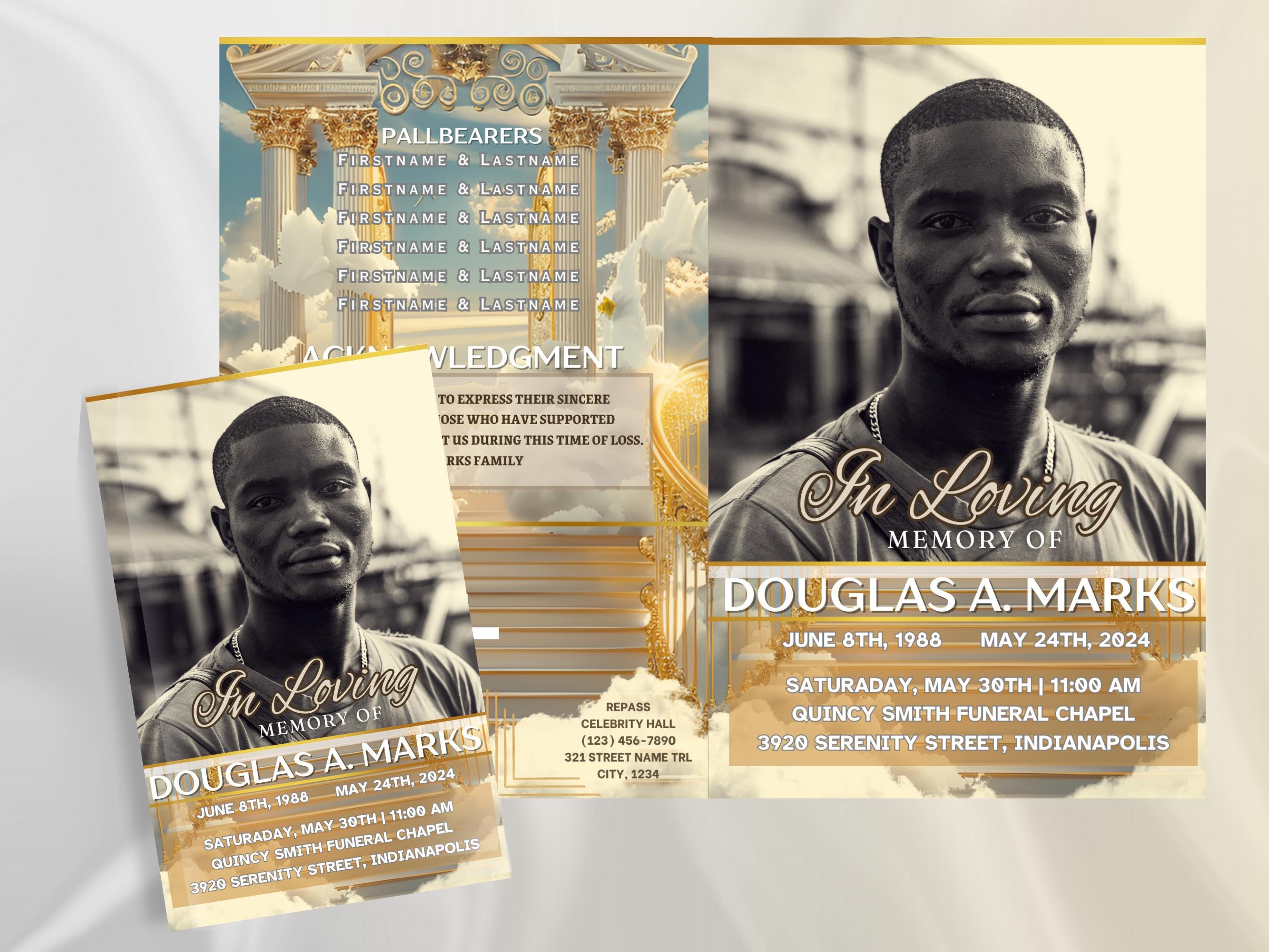 Golden Heaven Funeral Program Template | 8.5"x11" Funeral Memorial ...