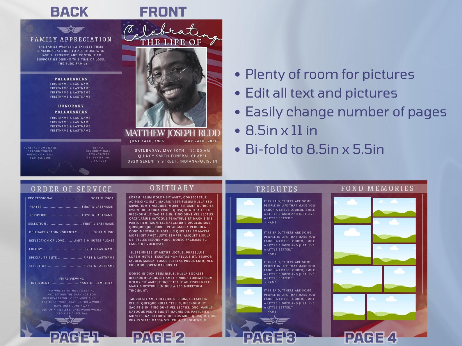 Patriotic Army Program Template | 8.5"x11" Funeral Memorial ...