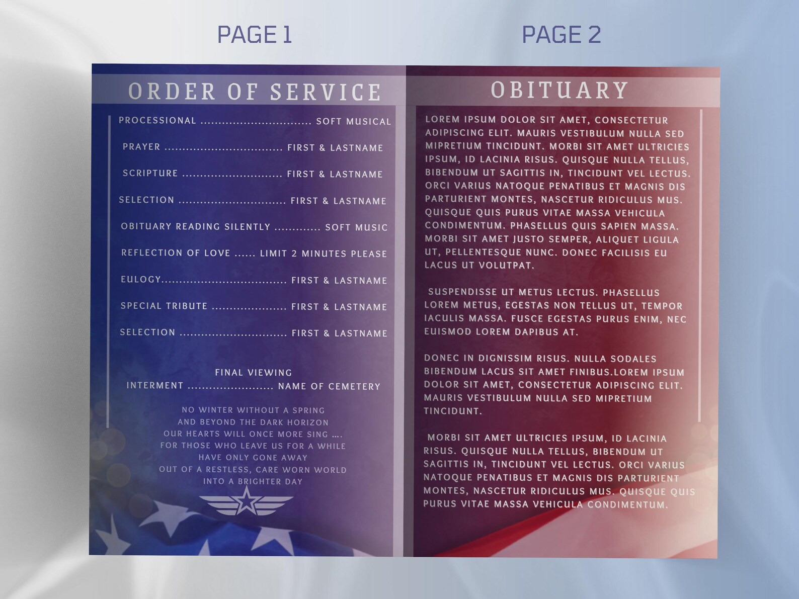 Patriotic Army Program Template | 8.5"x11" Funeral Memorial ...