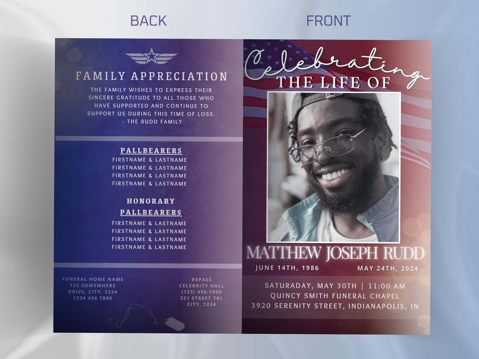 Patriotic Army Program Template | 8.5"x11" Funeral Memorial ...