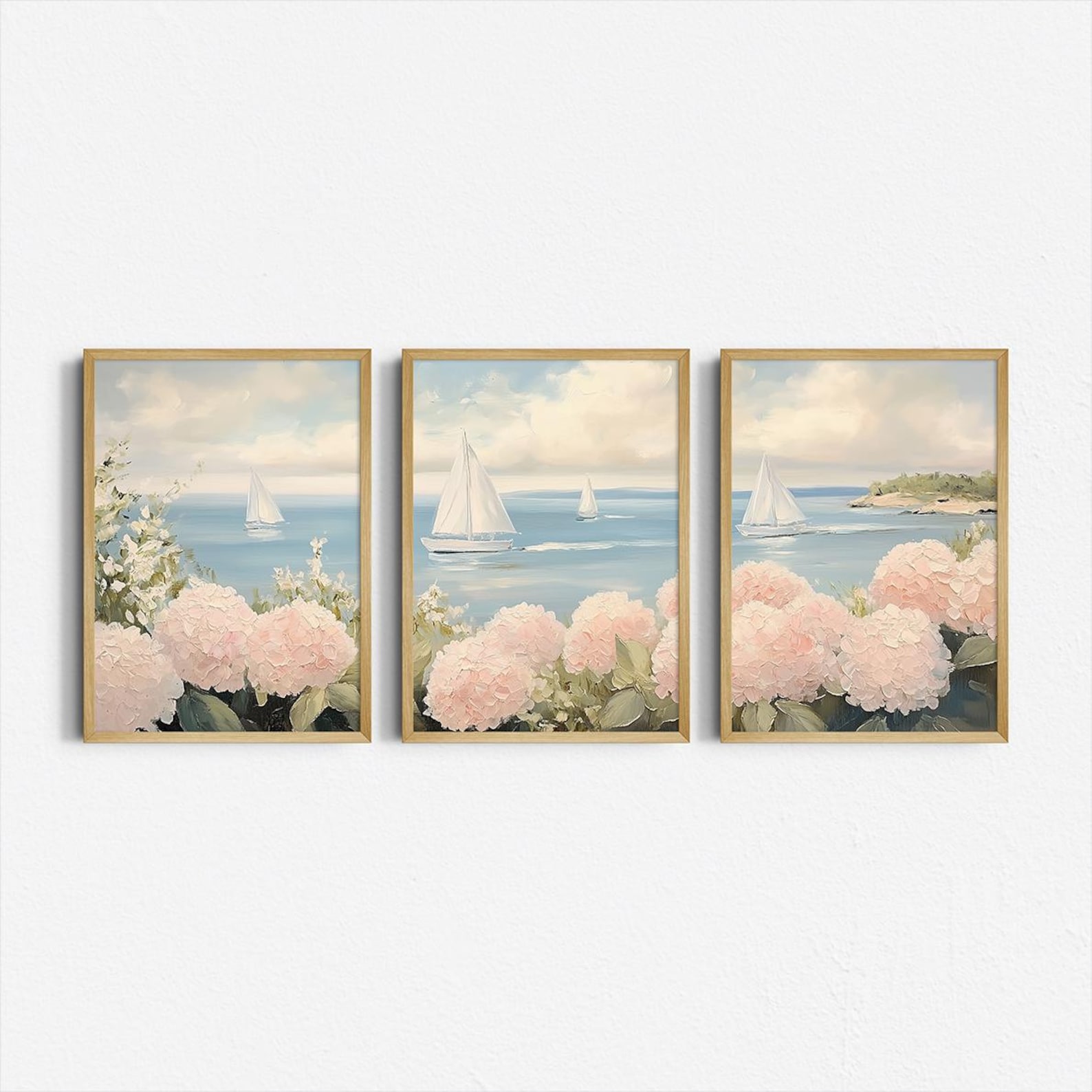 Pink Hydrangea & Sailboats Triptych – Coastal Beach Wall Art Set ...