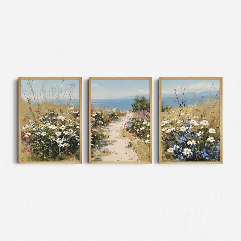 Coastal Wildflower Beach Scene Triptych: Vintage Style Art Prints ...
