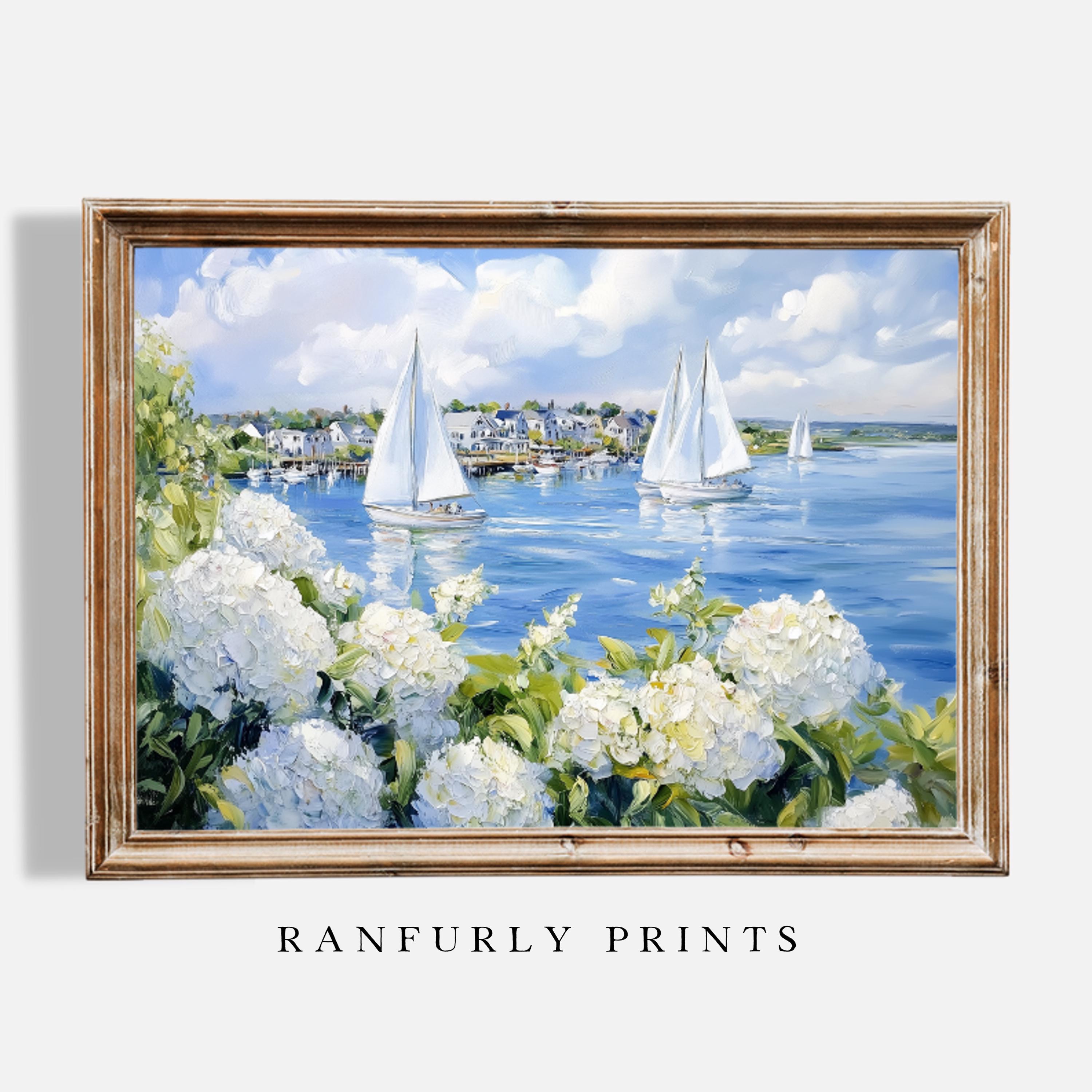 Nantucket Sailboats Oil Painting Print – Coastal Village Wall Art With ...