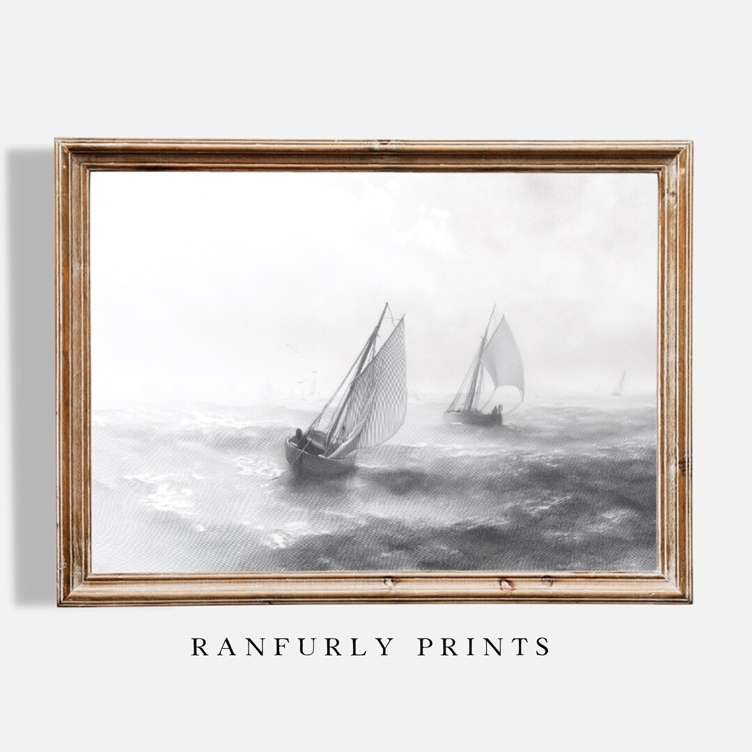 Sailboat Racing Pencil Sketch – Moody Nautical Wall Art – Choppy Sea ...