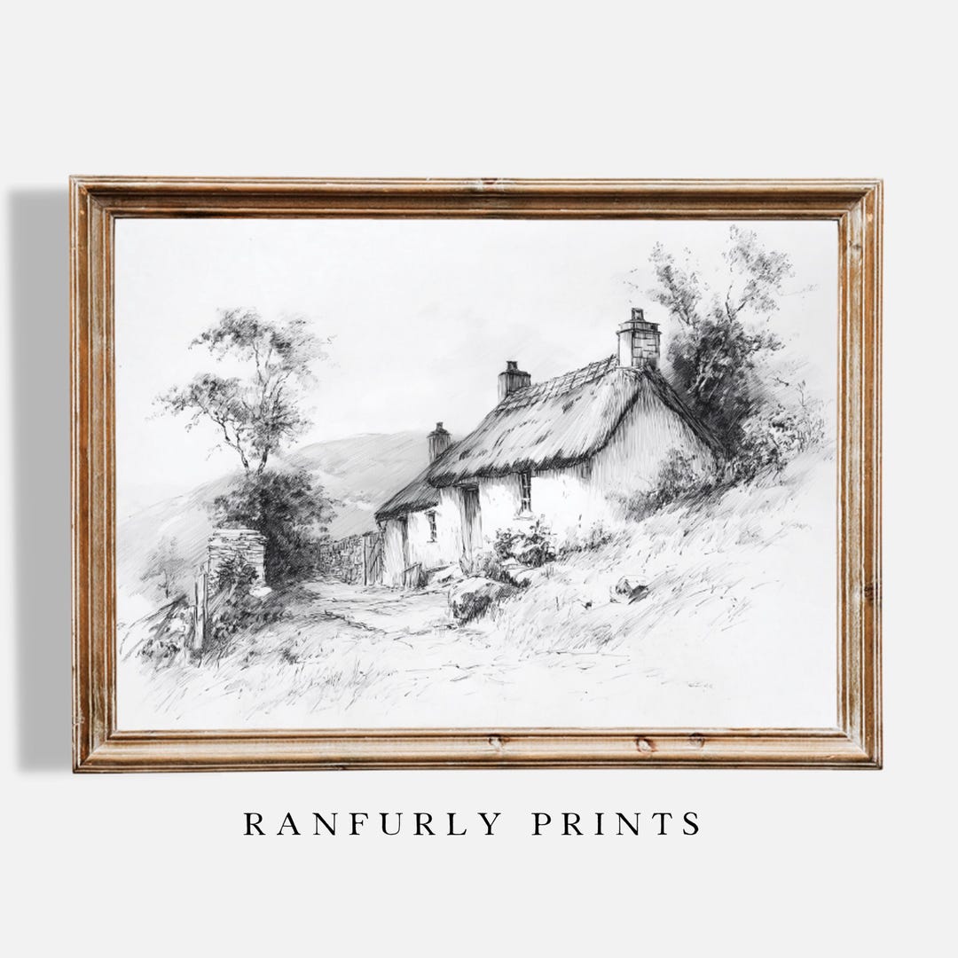 Thatched Cottage Pencil Sketch – Rustic Country Home Drawing ...