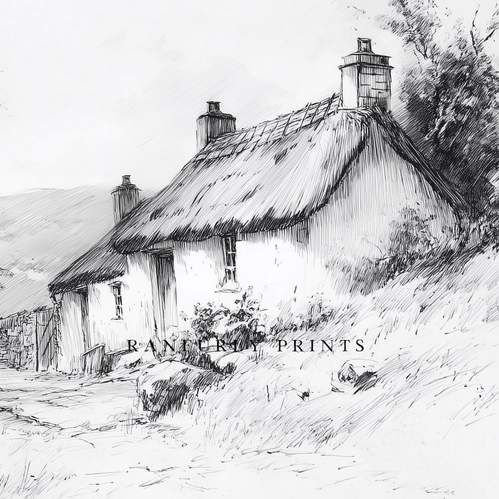 Thatched Cottage Pencil Sketch – Rustic Country Home Drawing ...
