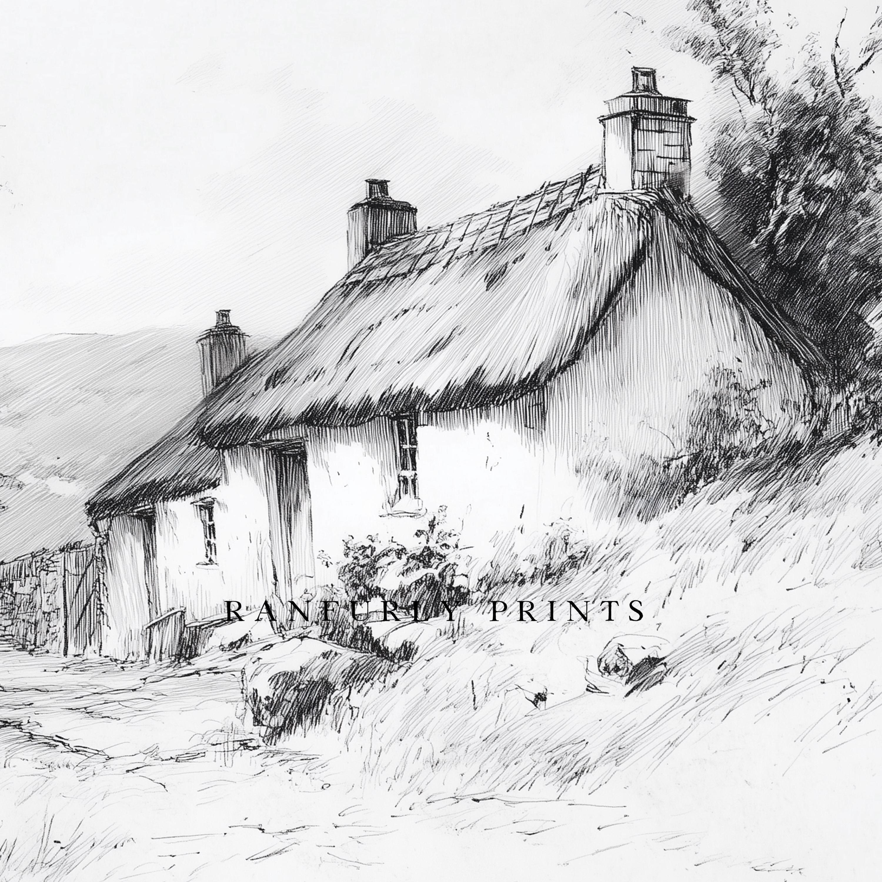 Thatched Cottage Pencil Sketch – Rustic Country Home Drawing ...