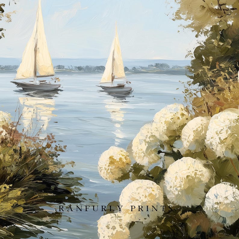 Sailing Boat & Hydrangeas Print: Coastal Cottagecore Lake Art (digital ...