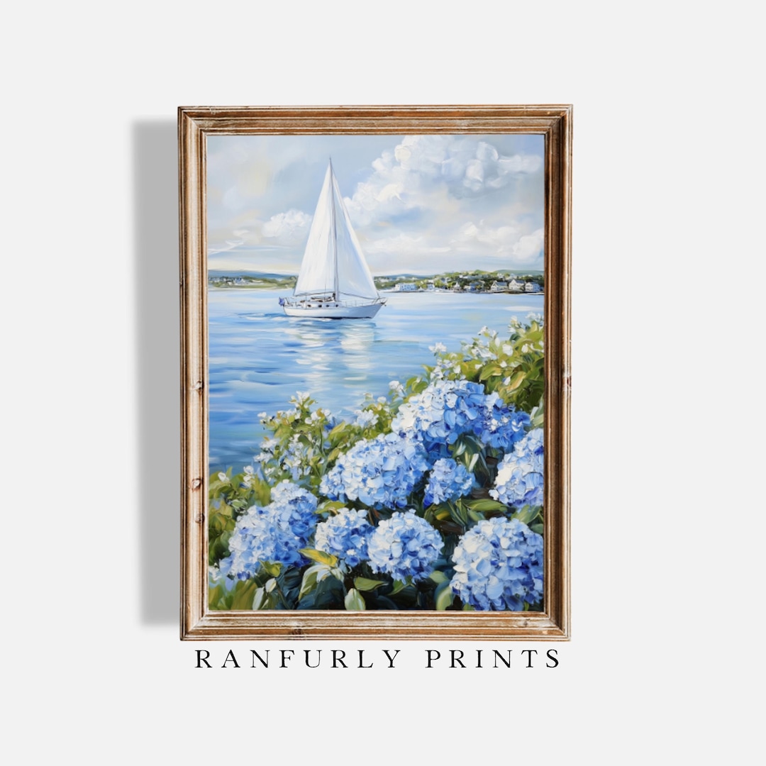 Coastal Sailboat & Blue Hydrangeas Art Print – Nautical Summer Wall ...