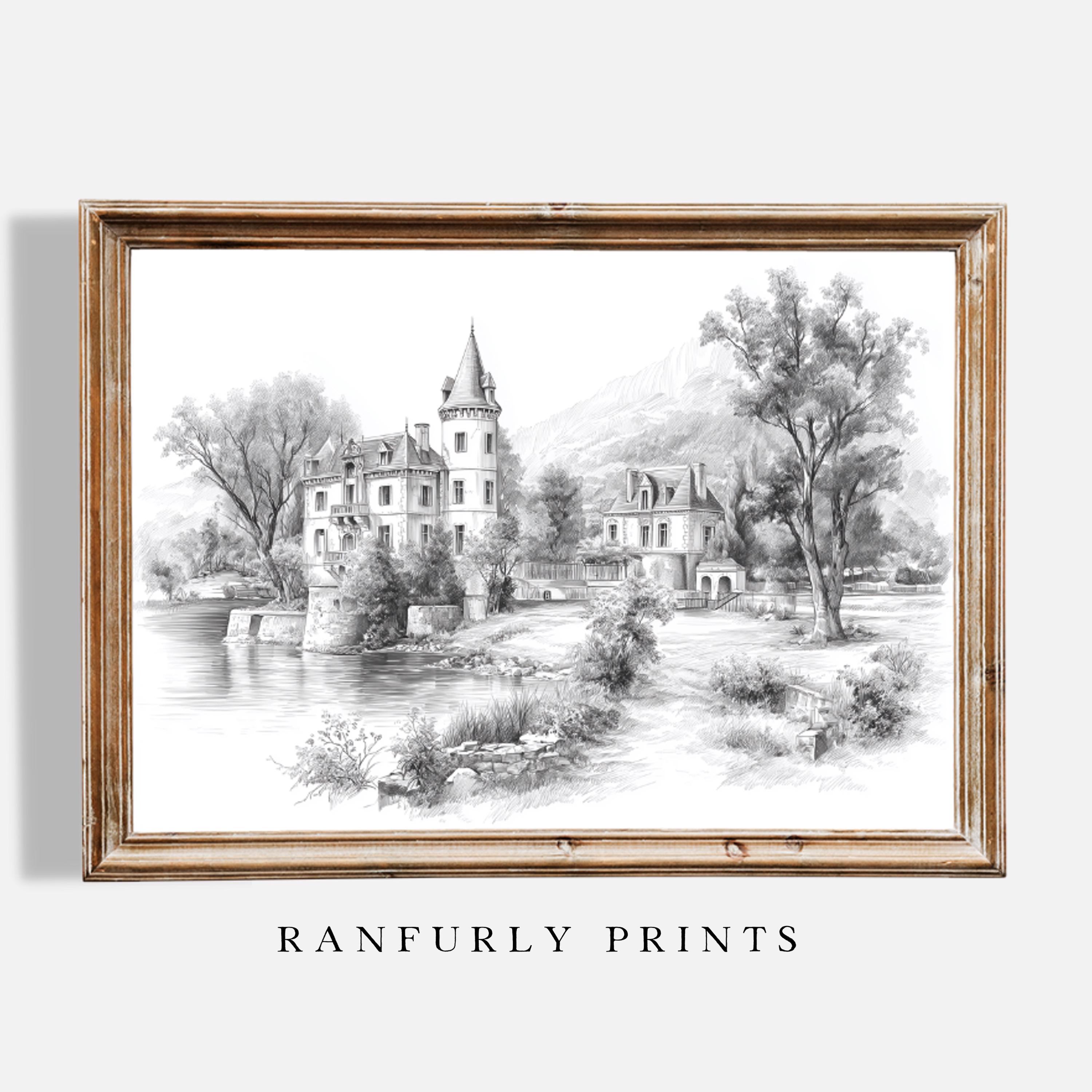 Château Pencil Sketch – Small French Castle Drawing – Monochrome ...