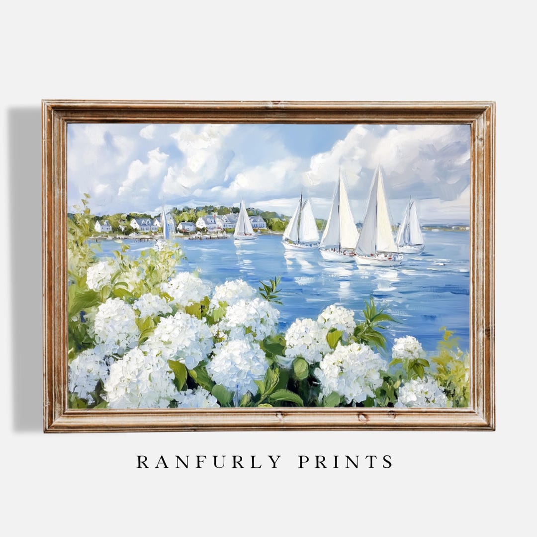 Nantucket Sailboats Print – White Hydrangeas Coastal Wall Art – Seaside ...