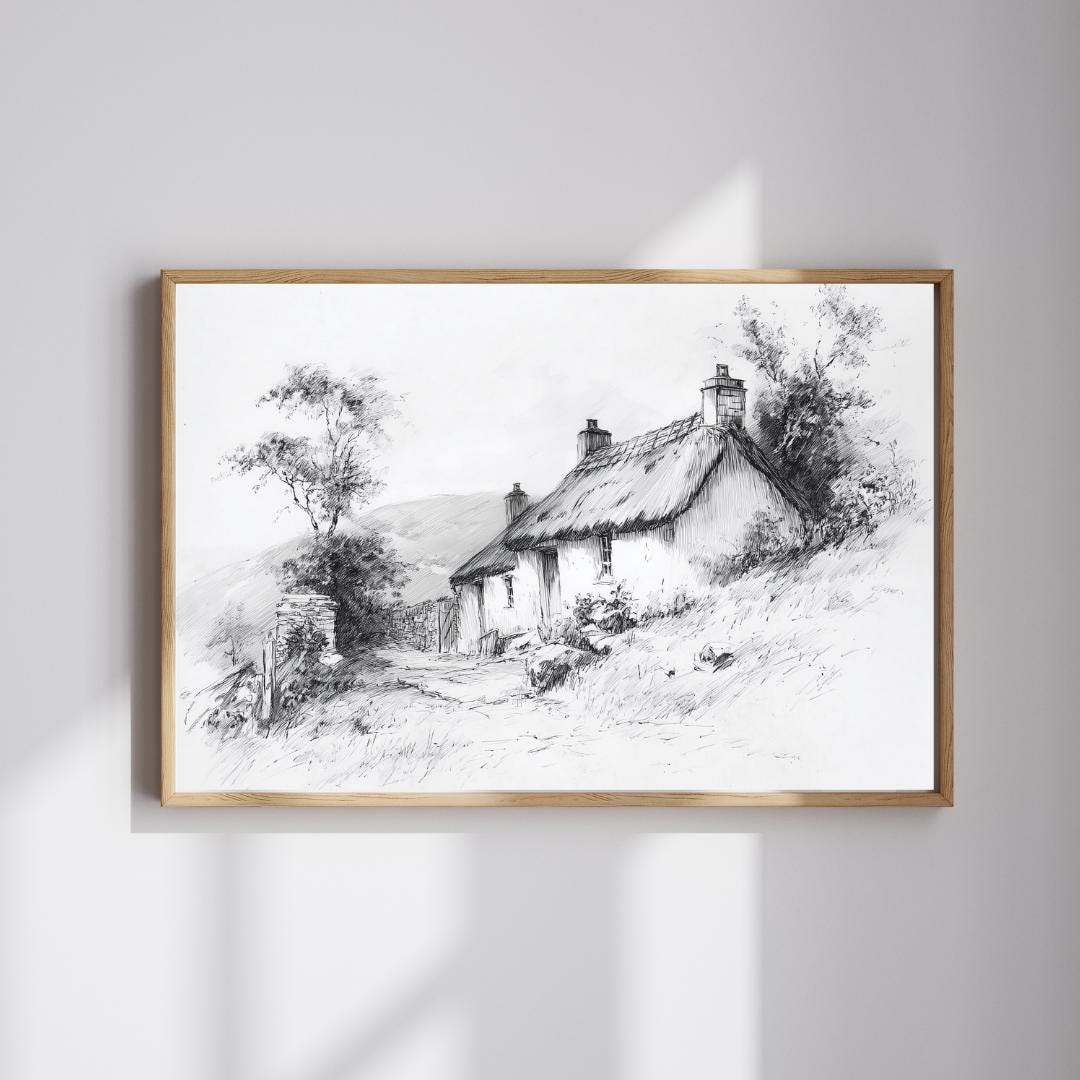 Thatched Cottage Pencil Sketch – Rustic Country Home Drawing ...