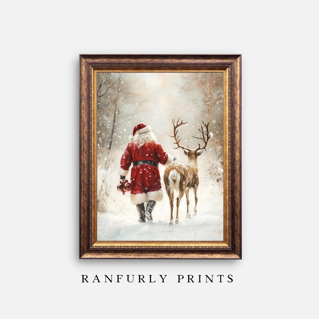 Santa Claus Reindeer Wall Art Print, Forest Snowfall in Winter ...