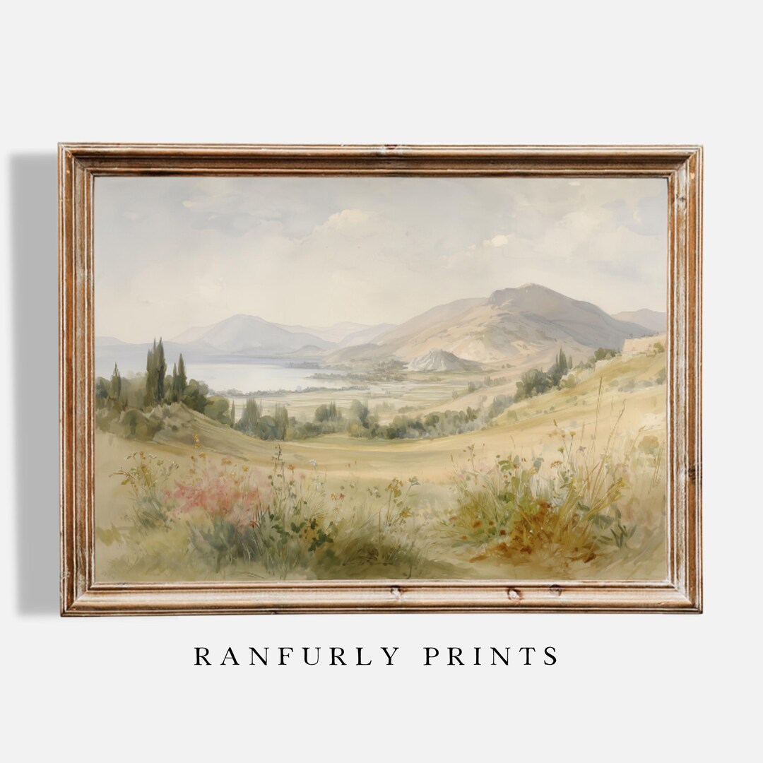 Muted Landscape Art Print: Rustic Hills and Lake Scene (digital ...