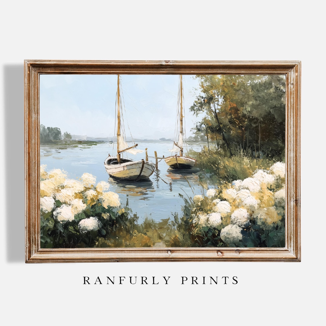 Lake Boat Print With Hydrangeas – Two Boats Moored in Water – Floral ...