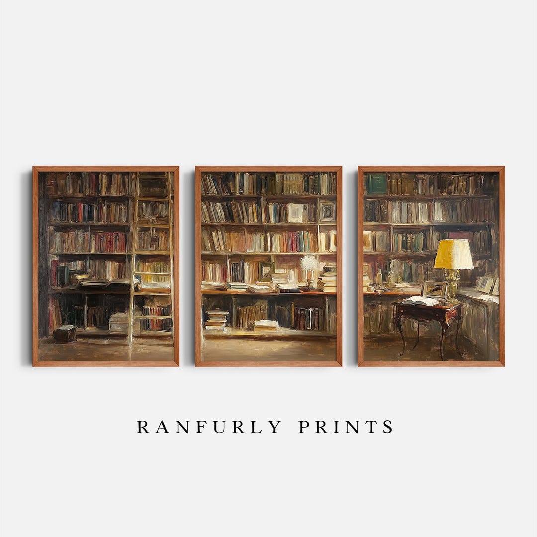 Vintage Library Triptych | Bookshelf Oil Painting Set of 3 | Dark ...