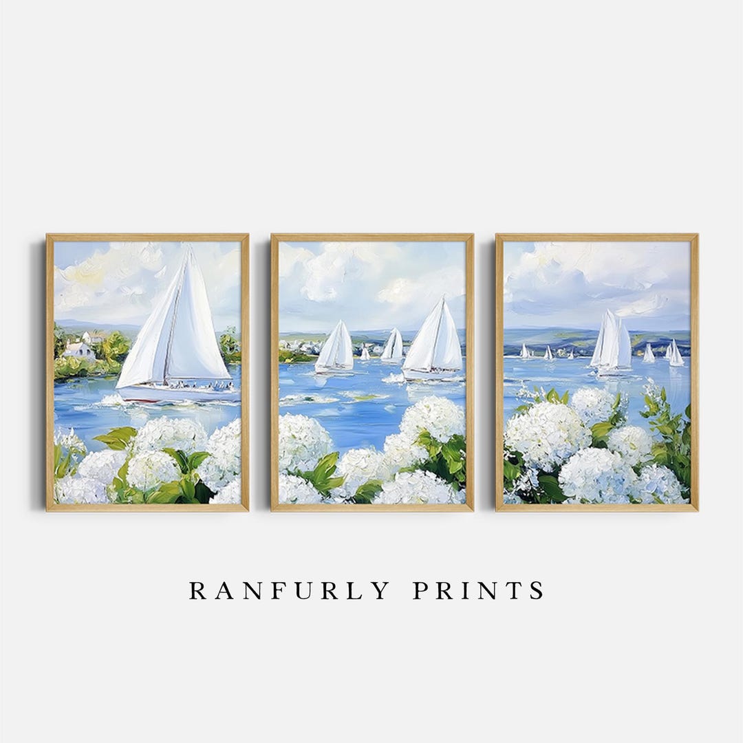 Sailing Boats & Hydrangeas Triptych: Coastal Lake Art (digital Download ...