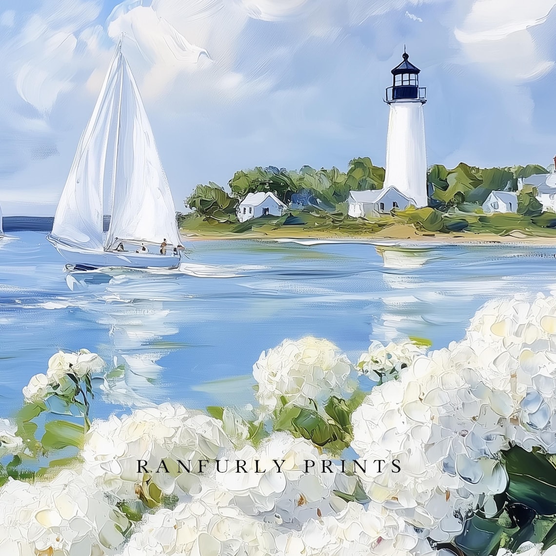 Nantucket Lighthouse and Sailboats Print: Coastal Oil Painting With ...