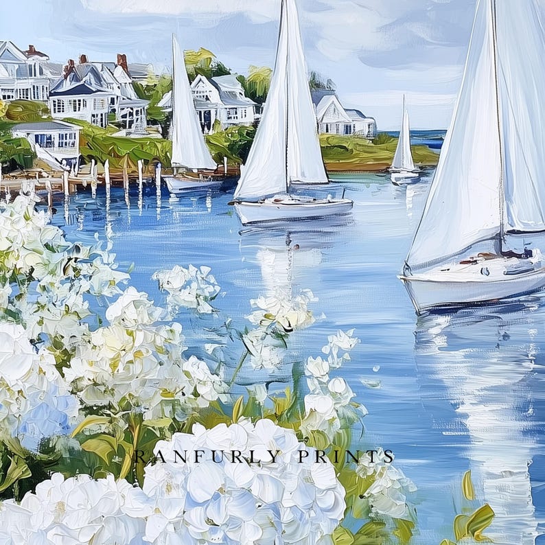 Nantucket Sailboat Art Print: Coastal New England Hydrangeas (digital ...