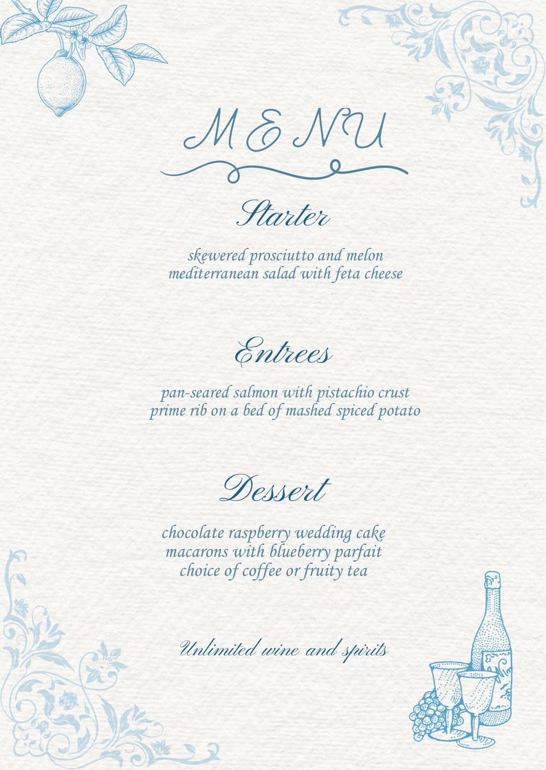 Wedding Menu, Enchanting Hand-drawn Wedding Menu - Playful and ...