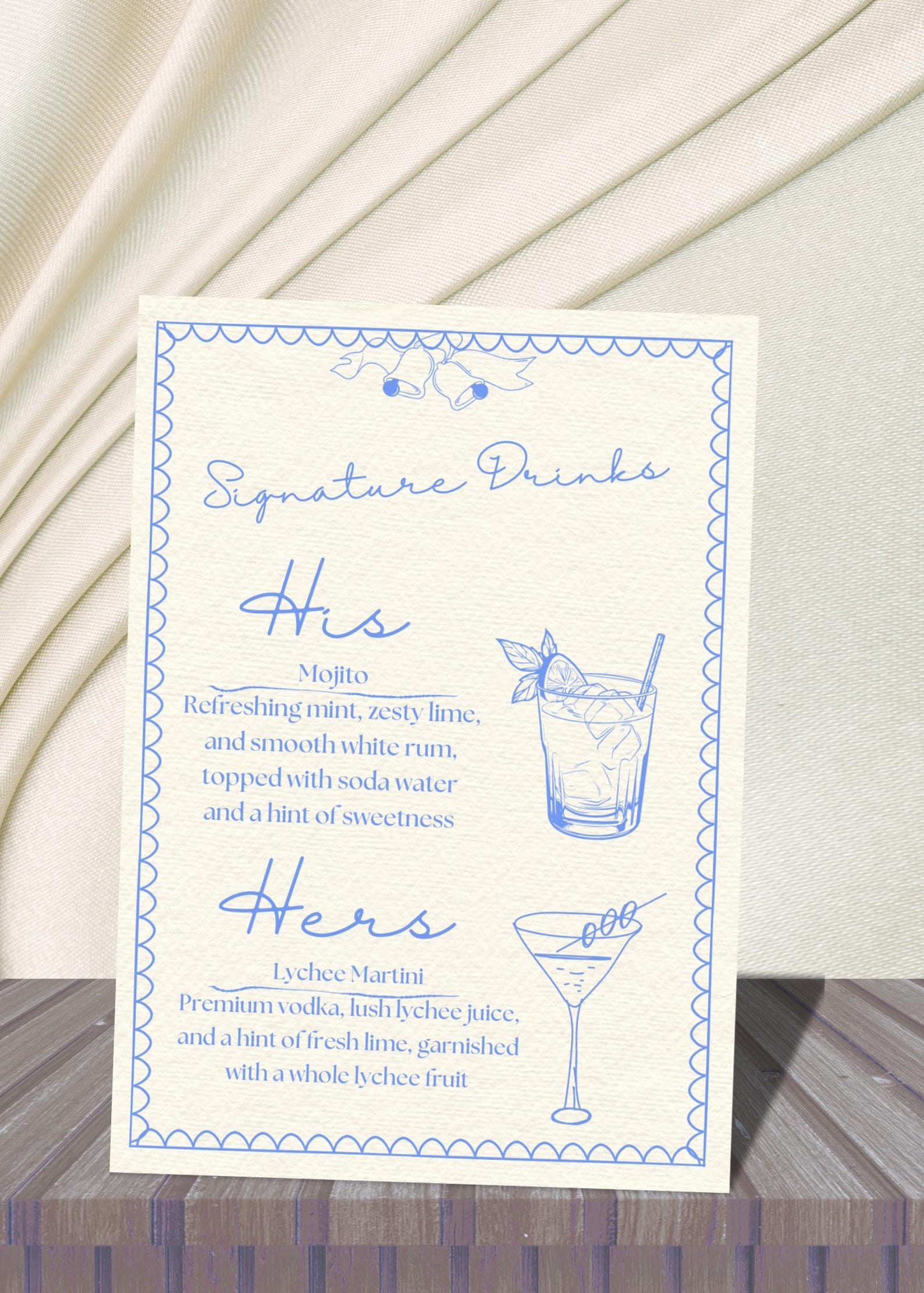 Signature Bar Menu Template, Charming Whimsical Hand-drawn Wedding Bar ...