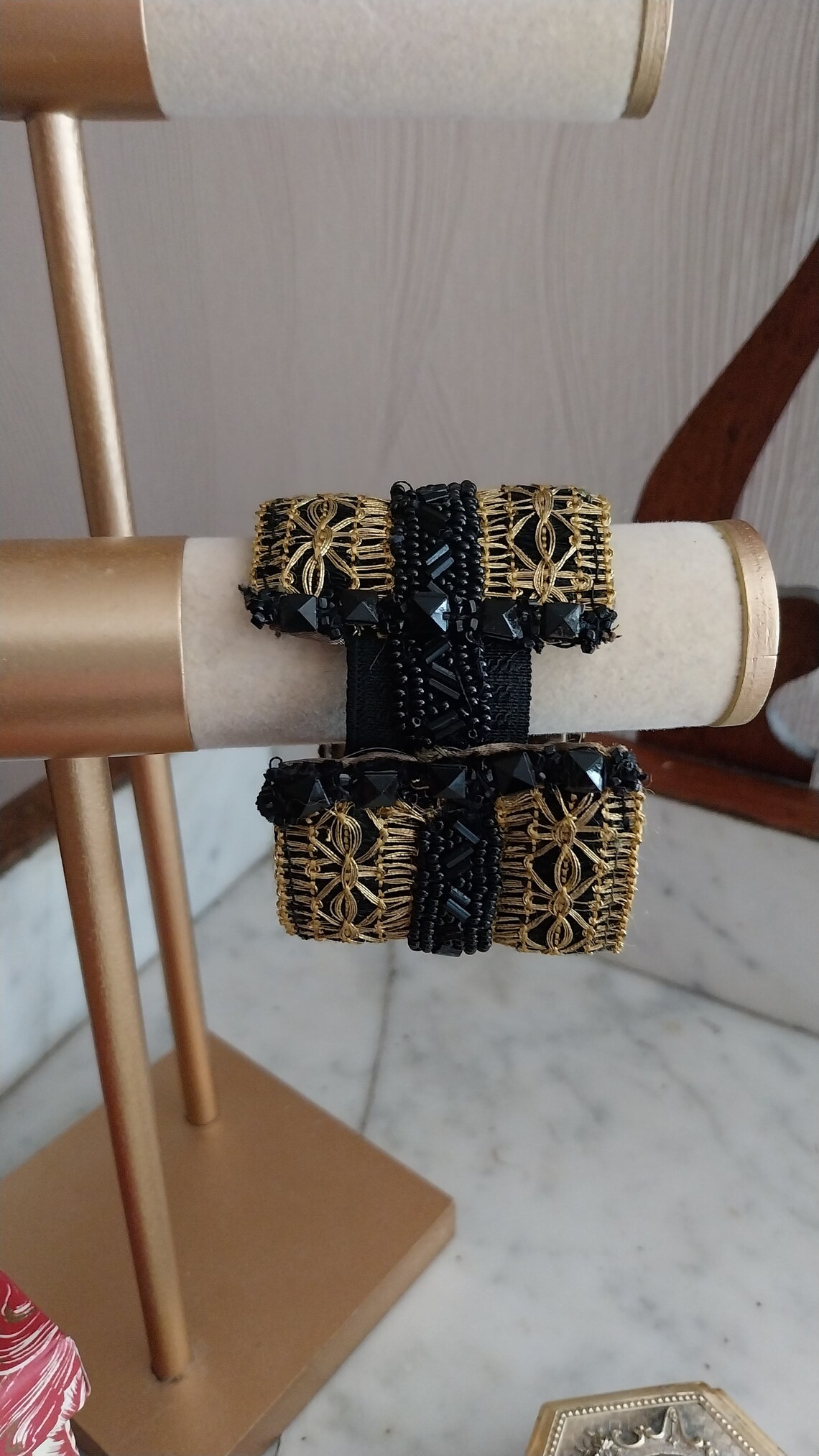 Handmade Adjustable Cuff, Black Art Deco Pearl Braid and Gold Thread - Etsy