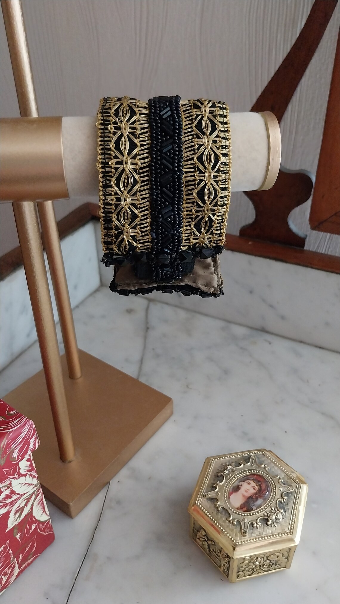 Handmade Adjustable Cuff, Black Art Deco Pearl Braid and Gold Thread - Etsy